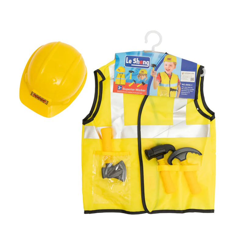 Construction Worker Yellow Role Play Costume With Helmet & Tools – Elex ...